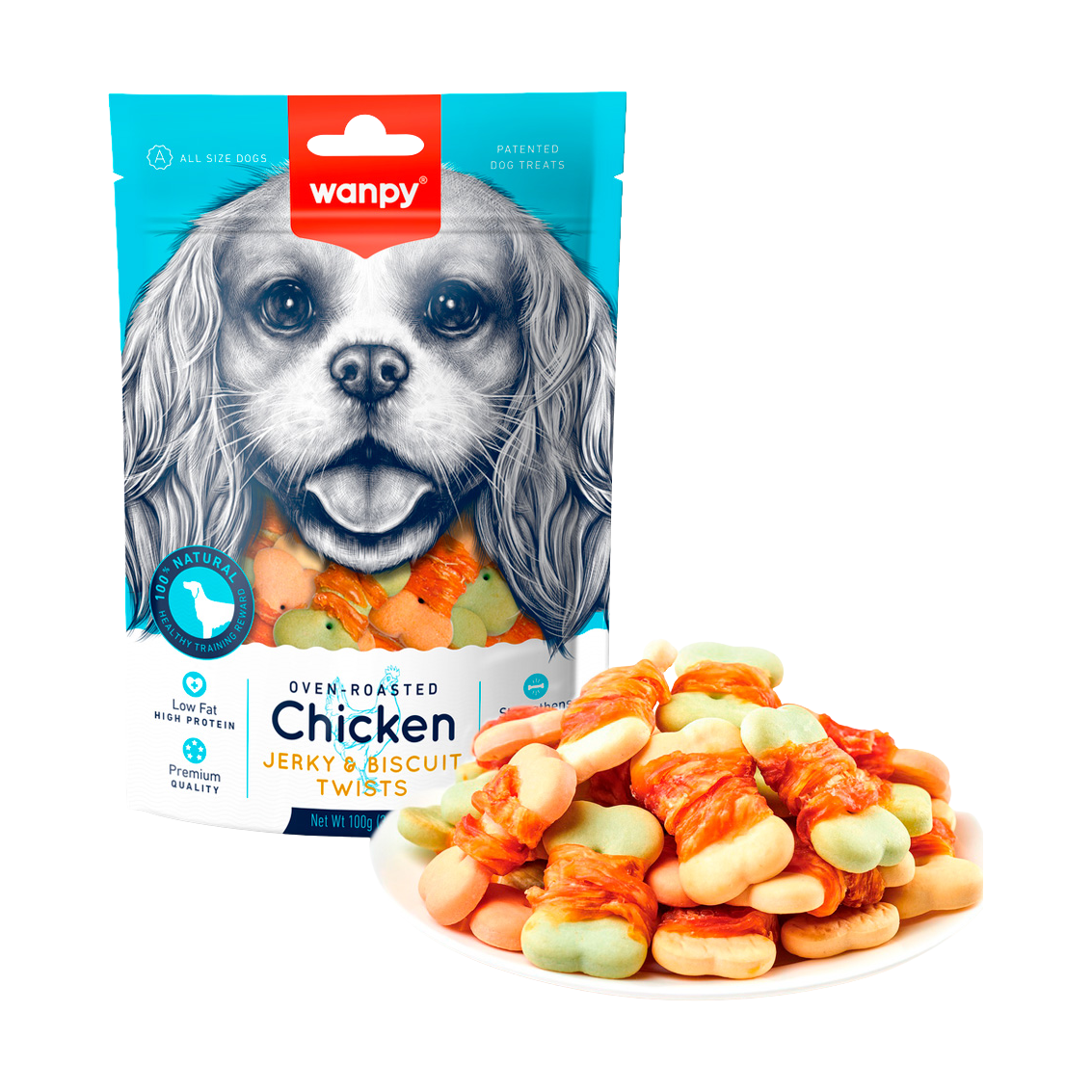 Wanpy Chicken Jerky & Biscuit Twists 100 g | Plantorama
